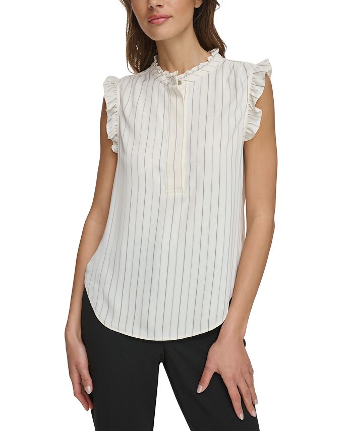 DKNY Petite Striped Ruffled-Trim Blouse, Created for Macy's - Macy's