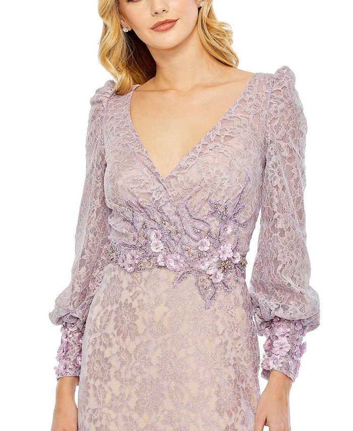 Mac Duggal Women's Lace Long Sleeve V Neck Embellished Gown - Macy's