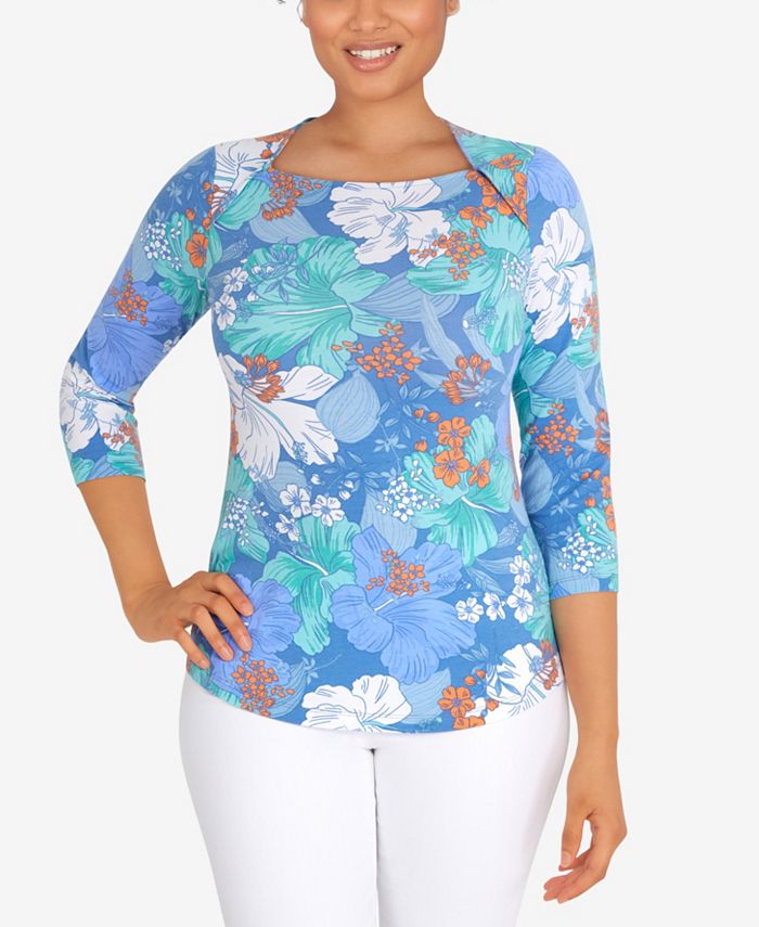 Ruby Rd. Petite Square Neck Allover Tropical Print Knit Top - Macy's