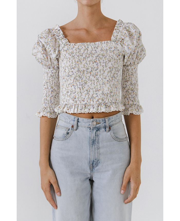 Free the Roses Women's Smocked Sleeved Puff Sleeve Ruffled Top - Macy's