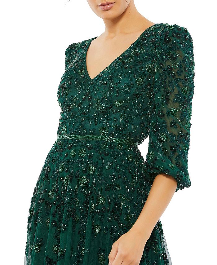Mac Duggal Women's Embellished V Neck 3/4 Sleeve A Line Gown - Macy's