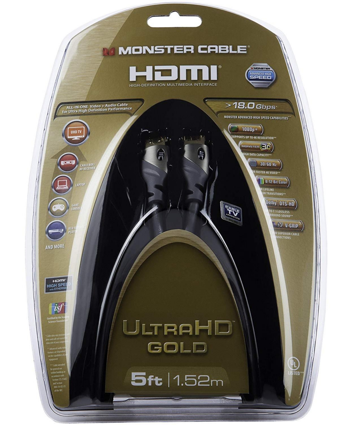 Monster Cable Monster 5ft Gold Advanced High Speed Hdmi Ethernet Cable ...