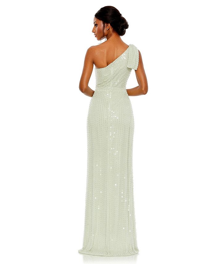 Mac Duggal Womens Pearl Embellished Soft Tie One Shoulder Gown Macys