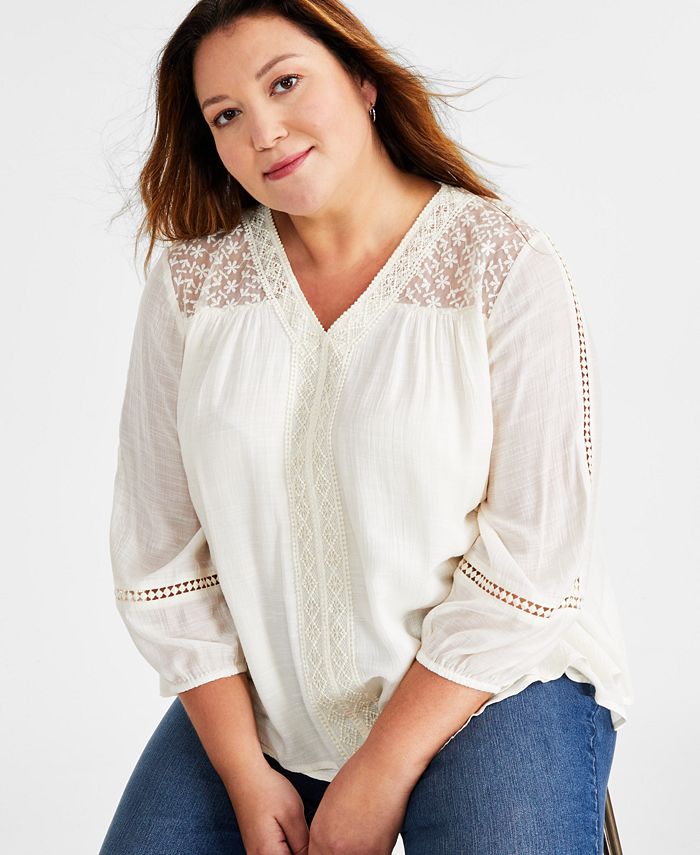 Style & Co Plus Size Lace-Trim Long-Sleeve Top, Created for Macy's - Macy's