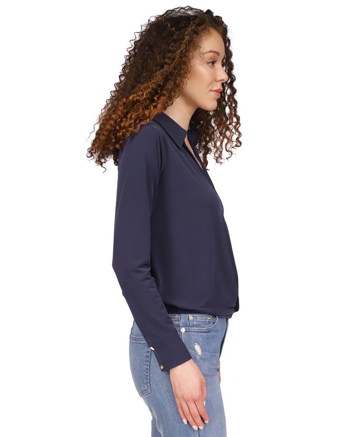 Michael Kors Women's Solid Collared Faux-Wrap Top - Macy's