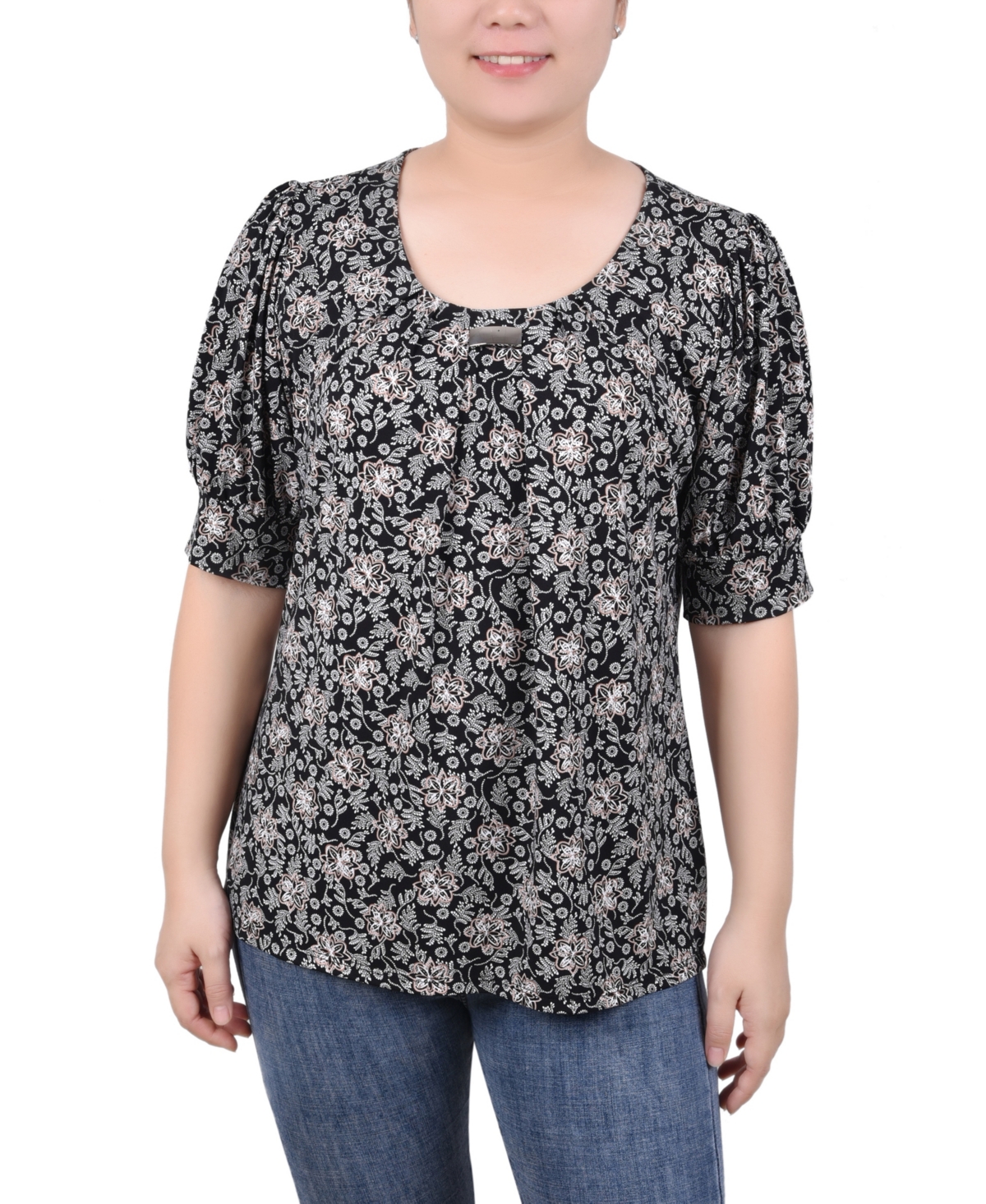 Click here for Petite Printed Balloon Sleeve Top - Black Ivory Ta... prices