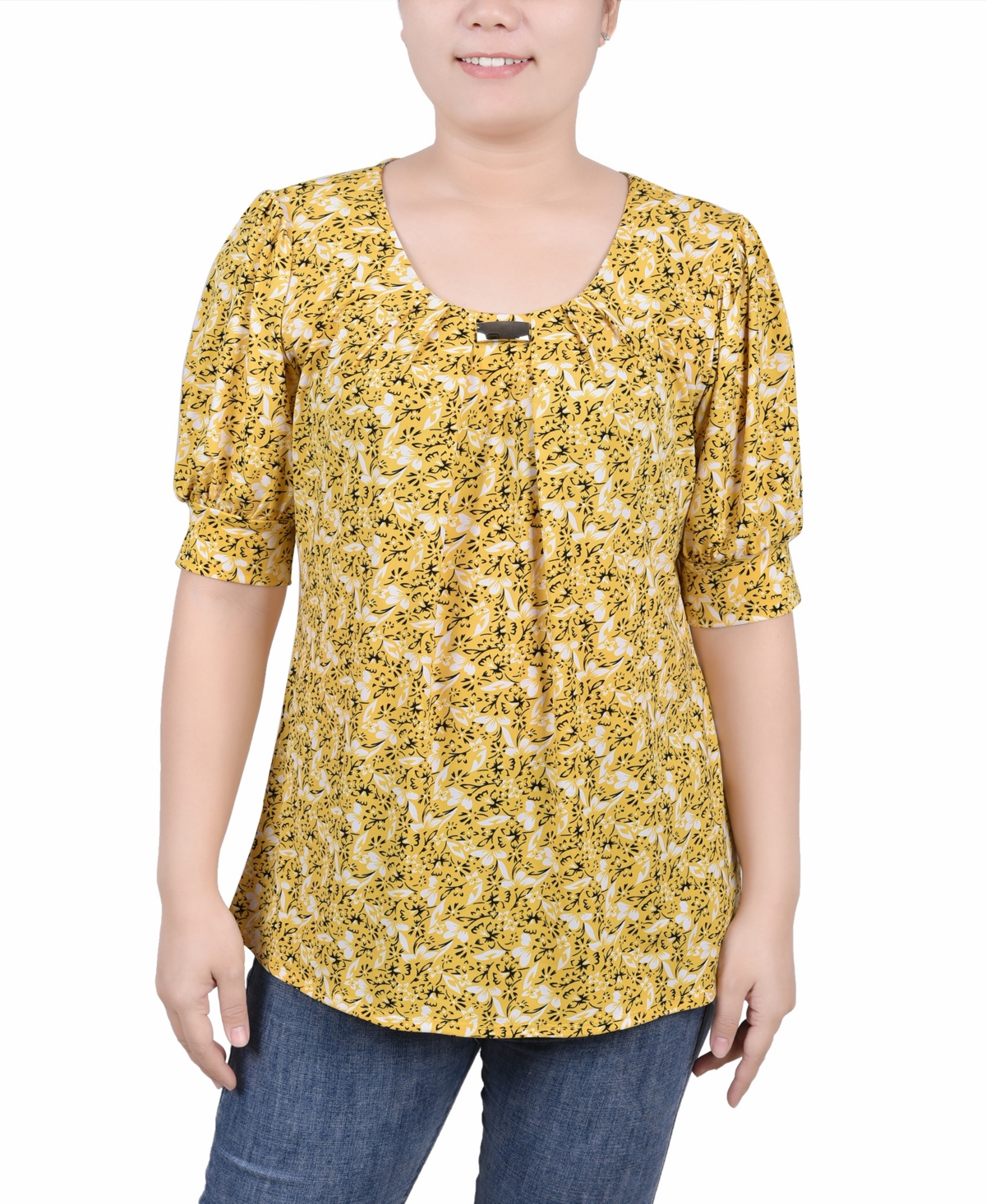 Click here for Petite Printed Balloon Sleeve Top - Yellow Black F... prices