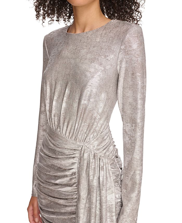 Vince Camuto Petite Jewel-Neck Metallic Ruched Dress - Macy's