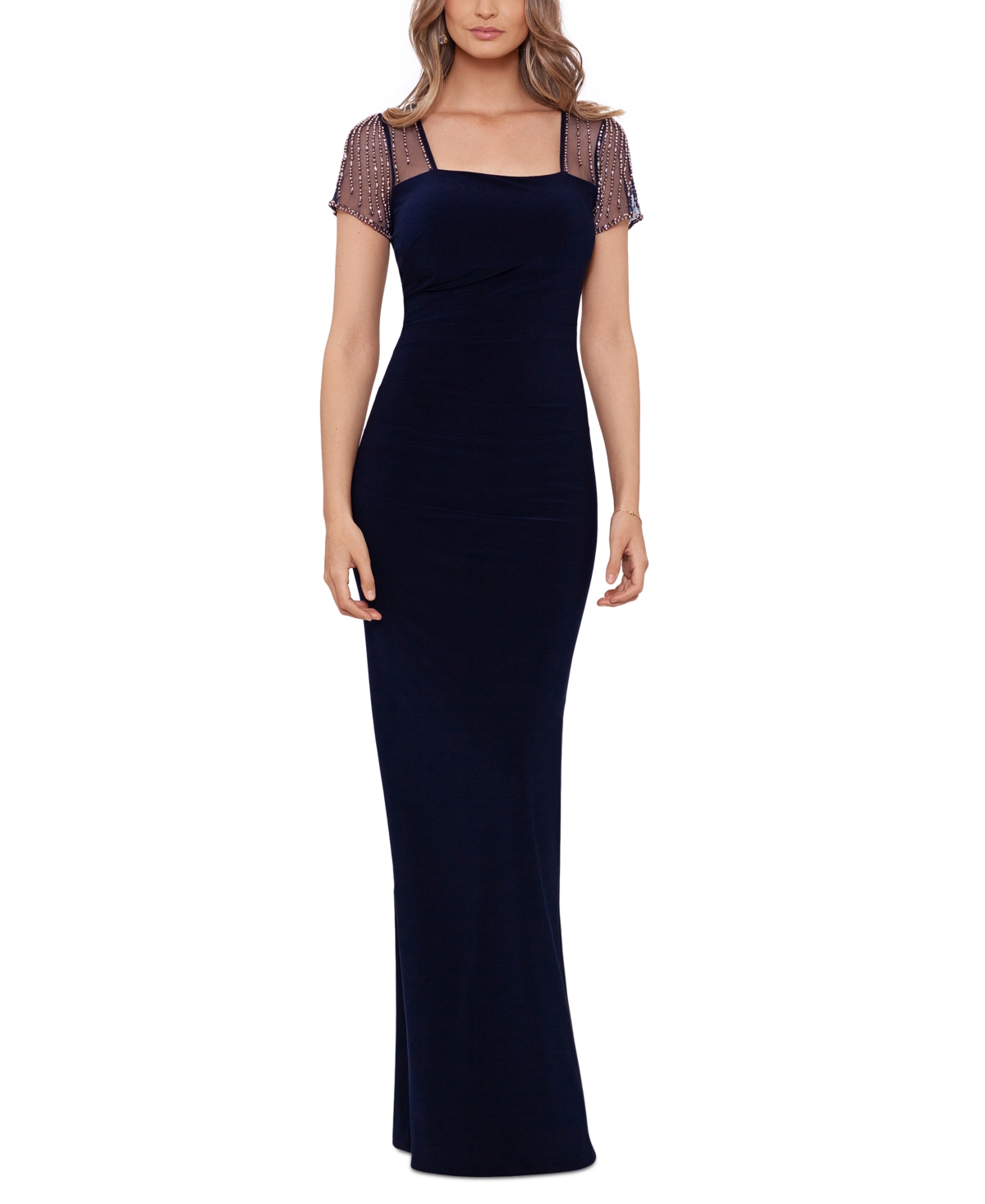 Click here for Betsy & Adam Petite Short Sleeve Mesh Gown - Black... prices