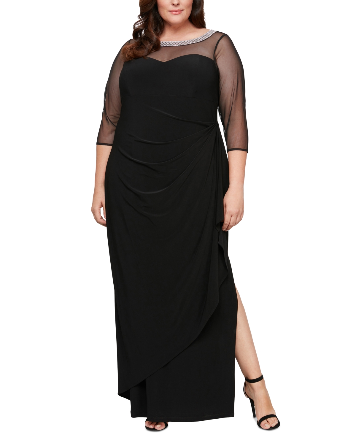 Click here for Alex Evenings Plus Size Illusion-Trim Ruffled Gown... prices