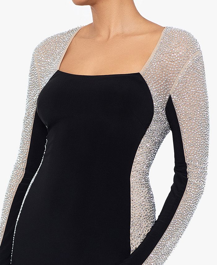 XSCAPE Women's Square-Neck Long-Sleeve Embellished Dress - Macy's