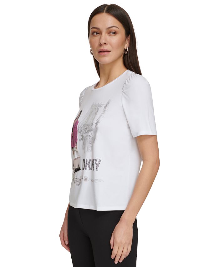 DKNY Women's Two Girl Graphic-Front Puff-Sleeve Tee - Macy's