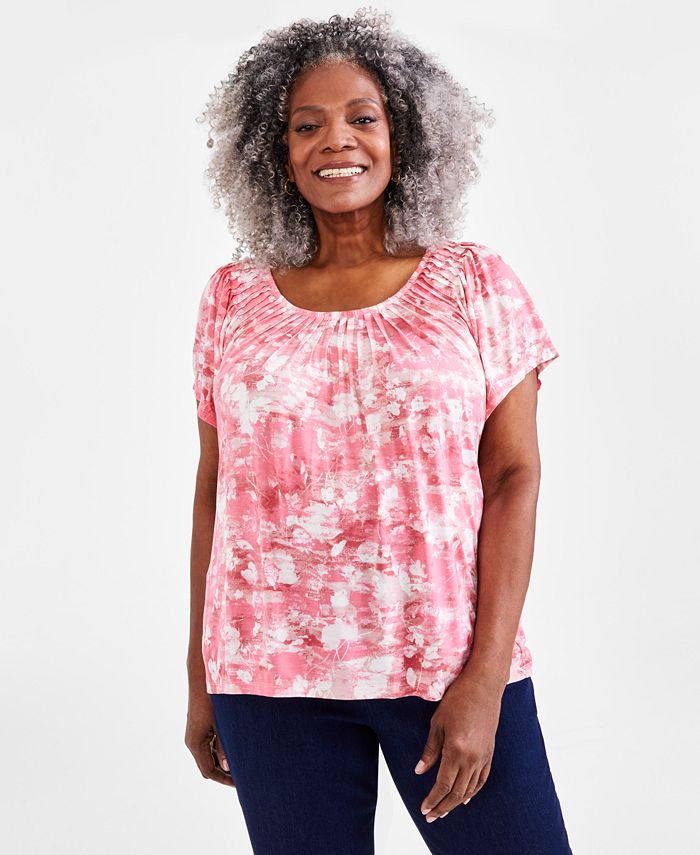 Style And Co Plus Size Printed Pleat Neck Top Created For Macys Macys