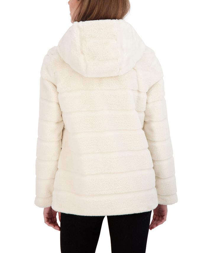 Sebby Collection Women's Hooded Grooved Faux Fur Zip Front Coat - Macy's