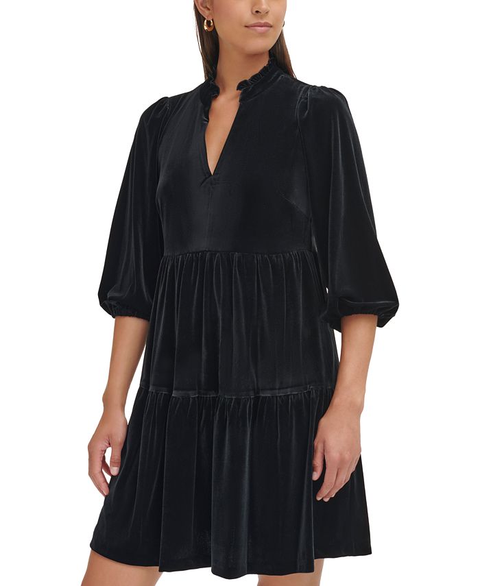 Vince Camuto Women's Velvet Puff-Sleeve Tiered Dress - Macy's