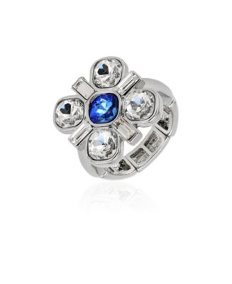 T Tahari Silver-Tone Blue and Clear Glass Stone Statement Stretch Ring ...