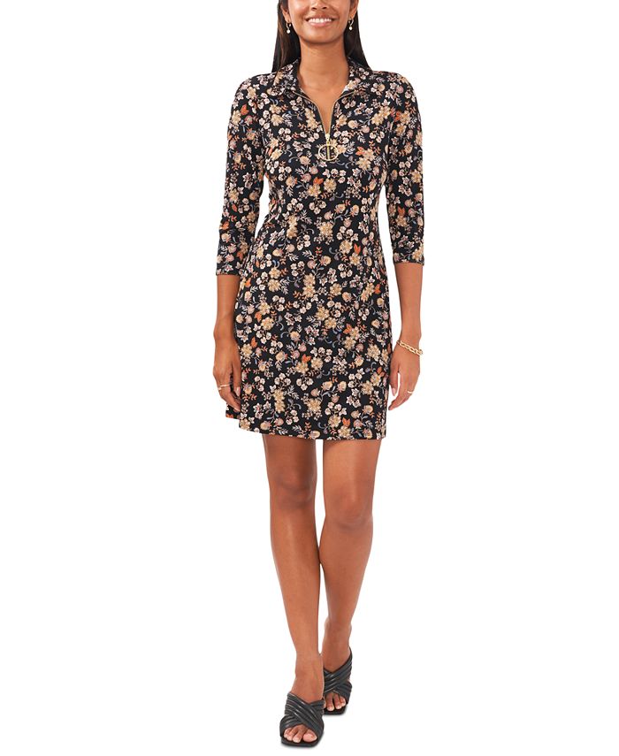 MSK Petite Floral-Print Collared 3/4-Sleeve Mini Dress - Macy's