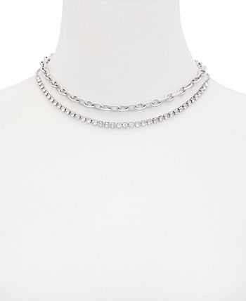 GUESS Silver-Tone 2-Pc. Set Oval Link & Crystal Collar Necklaces - Macy's
