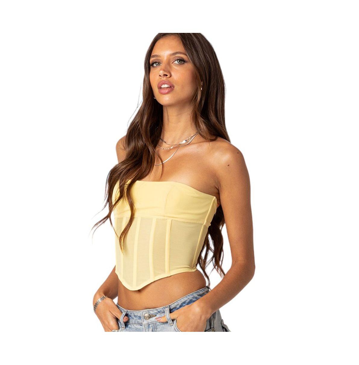 Click here for Womens Evangeline Sheer Mesh Corset Top - Yellow prices