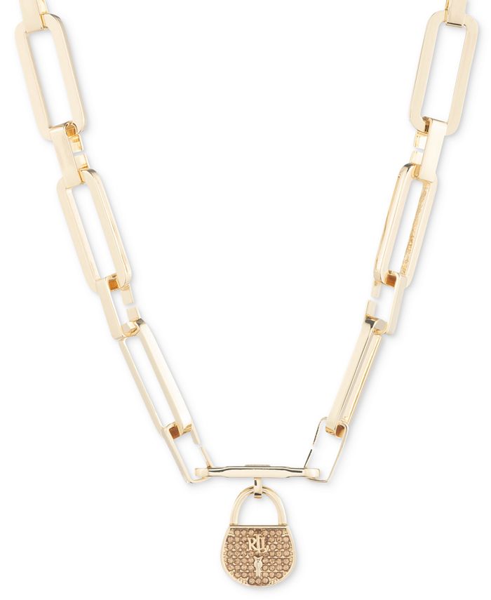 Lauren Ralph Lauren Pavé Logo Padlock Large Link 17" Pendant Necklace ...