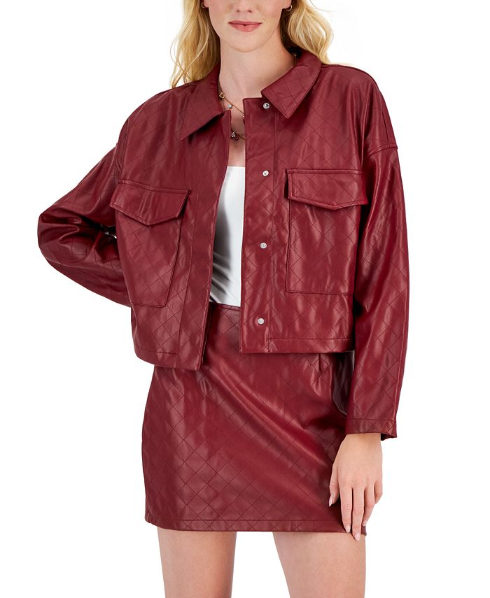 Tinseltown Juniors' Quilted Faux-Leather Cropped Shacket - Macy's