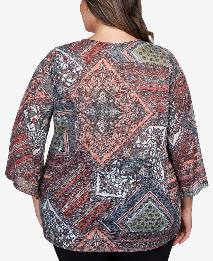 Ruby Rd. Plus Size Burnout Sublimation Patchwork Print Top - Macy's