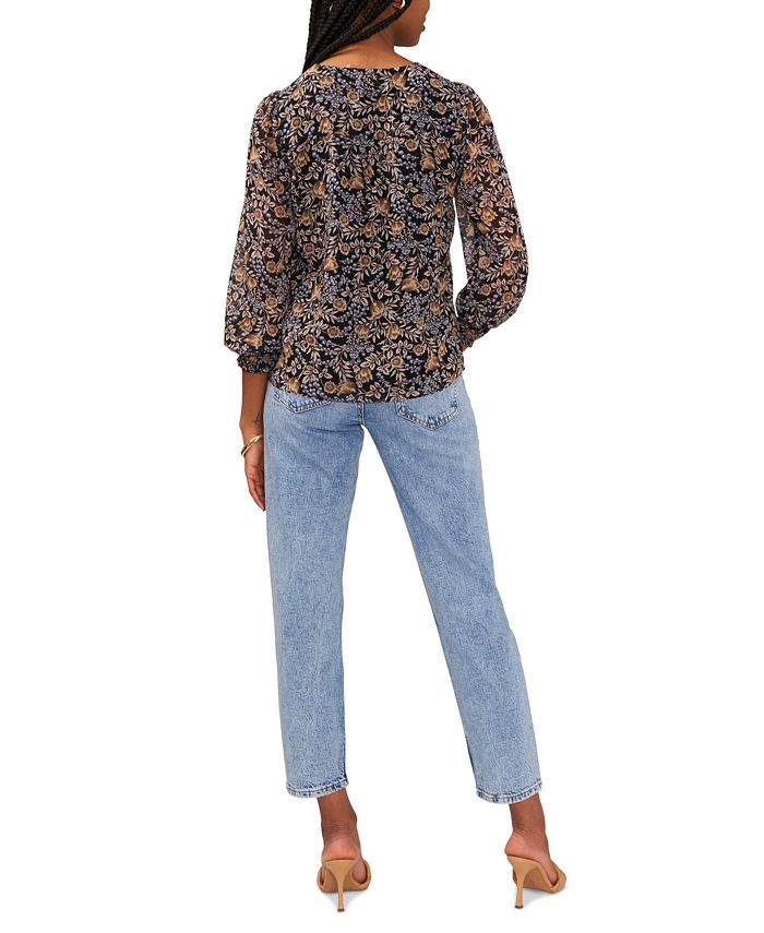 Sam & Jess Petite Printed V-Neck Smocked-Shoulder Blouse - Macy's