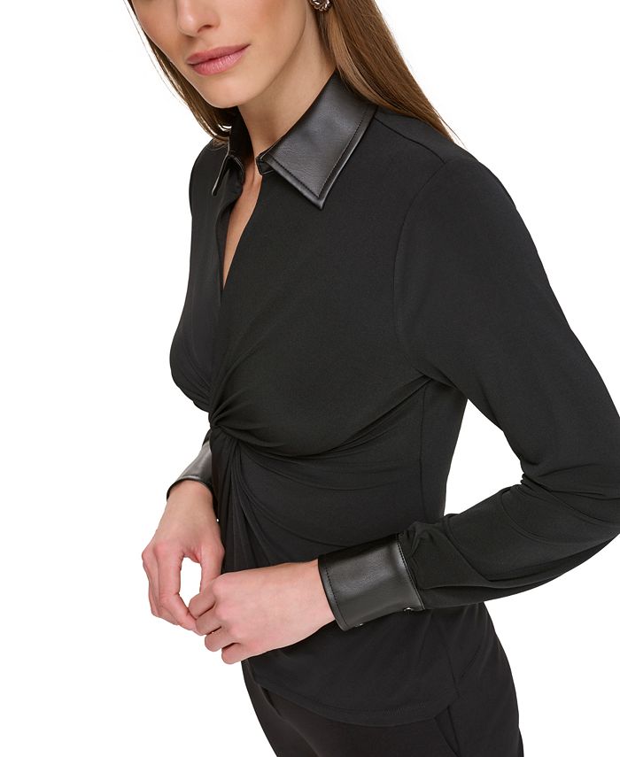 DKNY Petite Knot-Front Combo Collared Blouse, Created for Macy's - Macy's
