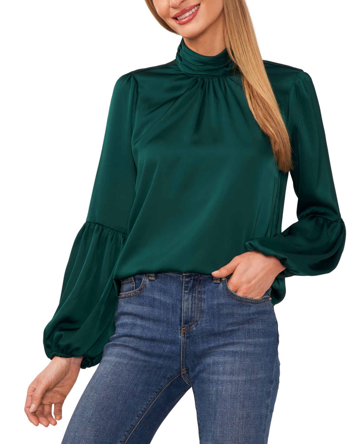 Click here for CeCe Womens Blouson-Sleeve Mock-Neck Blouse - Dark... prices
