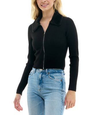 Ultra Flirt Juniors' Faux-Fur-Collar Zip-Front Cardigan - Macy's
