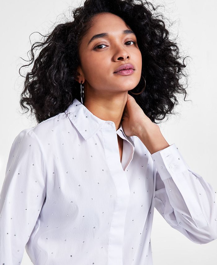 Bar III Women's Rhinestone-Studded Shirt, Created for Macy's - Macy's