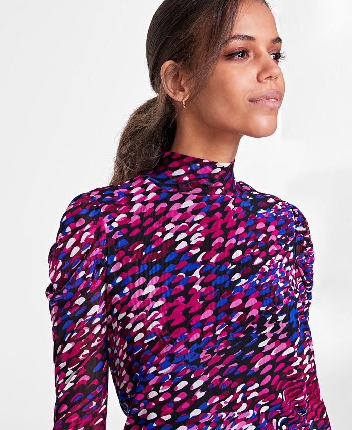 Bar III Women's Printed Mesh Mock Neck Top, Created for Macy's - Macy's