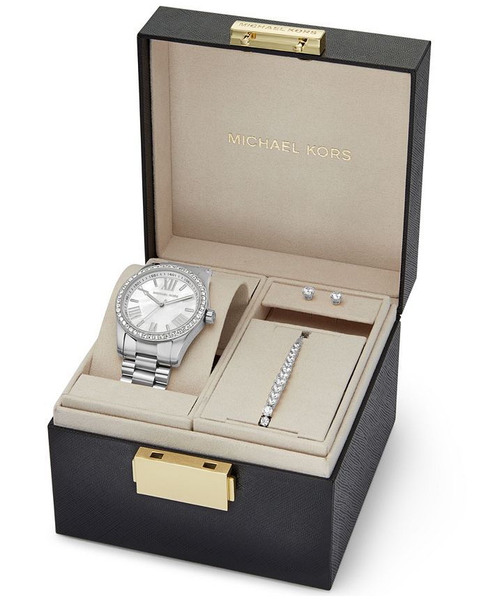 Michael Kors Women's Lexington Three-Hand Silver-Tone Stainless Steel Watch 38mm and Jewelry ...