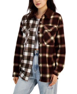 Just Polly Juniors' Plaid Polar Fleece Sherpa-Collar Shacket - Macy's