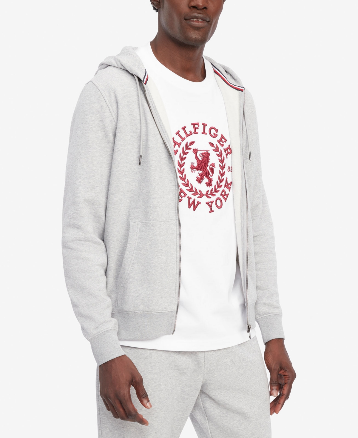 Tommy Hilfiger Mens Long Sleeve Zip-Front Flag Logo Hoodie - Light Grey Heather