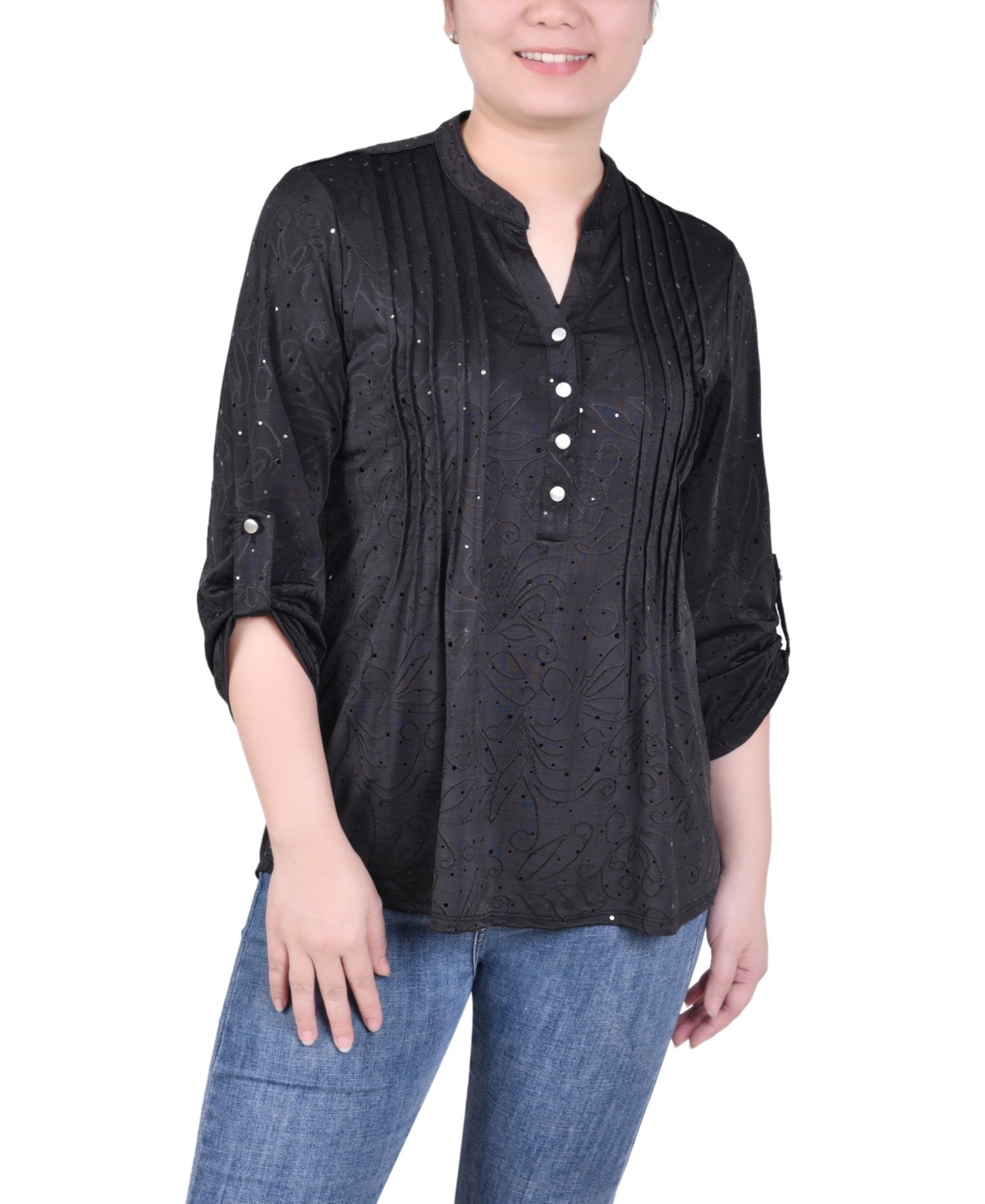 Click here for Ny Collection Petite 3/4 Sleeve Roll Tab Y Neck To... prices