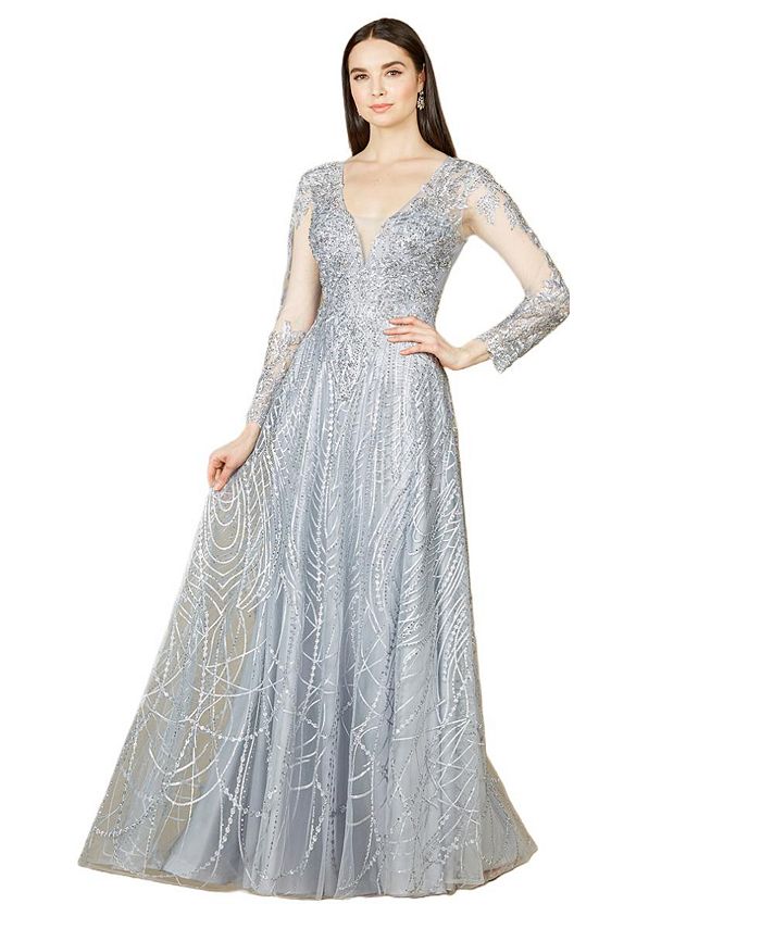 Lara Women's Long Sheer Sleeve V-Neckline Sheath Gown - Macy's