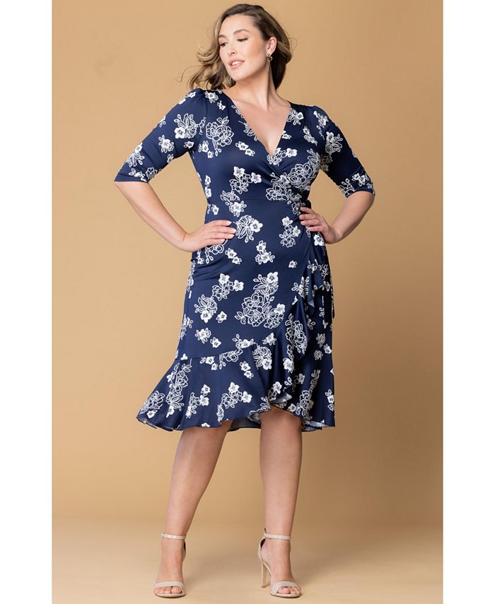 Kiyonna Plus Size Flirty Flounce Midi Wrap Dress with 3/4 Sleeves - Macy's