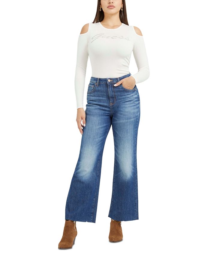 GUESS Women's Cold-Shoulder Long-Sleeve Logo Sweater - Macy's
