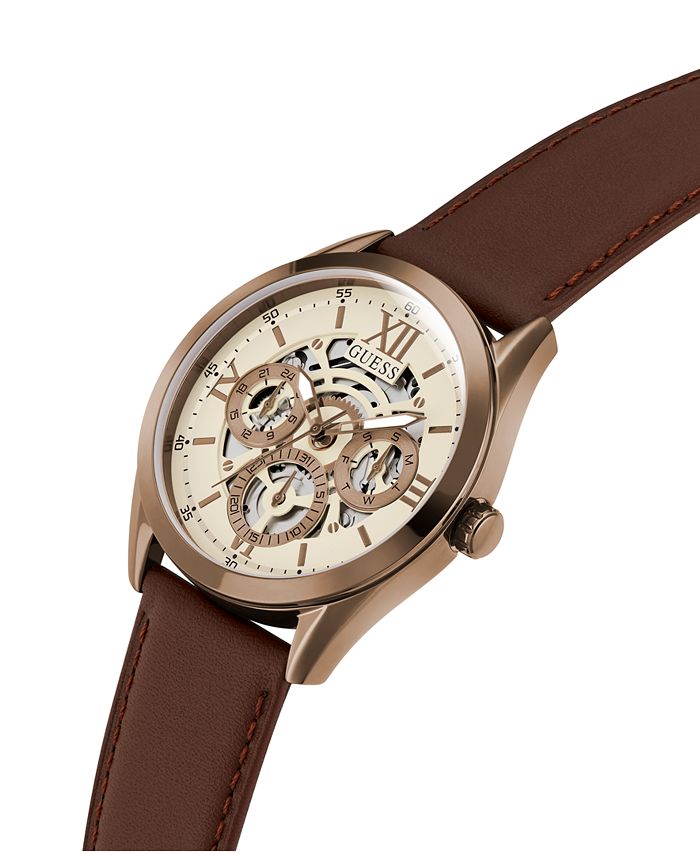 GUESS Men's Multi-Function Brown Genuine Leather Watch 42mm - Macy's