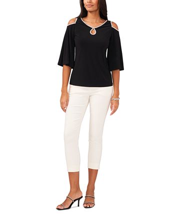 MSK Petite Beaded-Trim Keyhole Cold-Shoulder Knit Top - Macy's