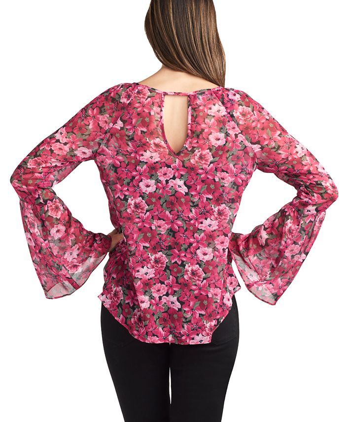 BCX Juniors' Twisted Keyhole Floral Bell-Sleeve Top - Macy's