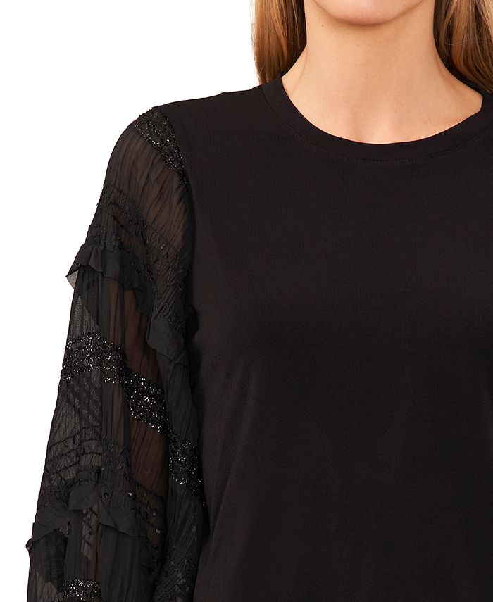 CeCe Women's Mixed Media Ruffle-Sleeve Blouse - Macy's