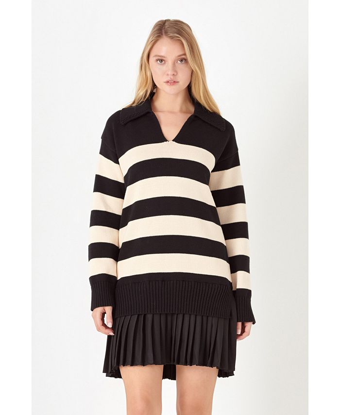 English Factory Women's Mixed Media Stripe Pleated Mini Dress - Macy's
