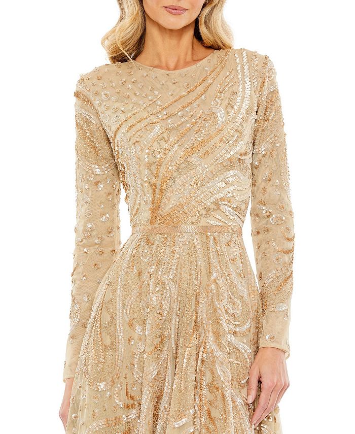 Mac Duggal Women's Embellished Illusion High Neck Long Sleeve Dress - Macy's