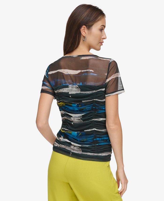 DKNY Women's Printed Ruched-Front Sheer-Sleeve Mesh Top - Macy's