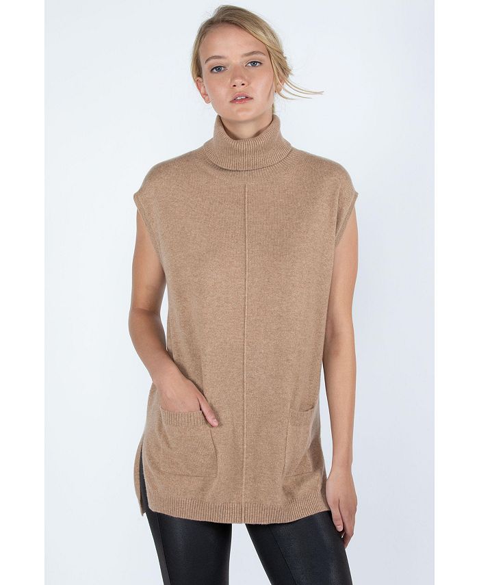 JENNIE LIU Women's 100% Pure Cashmere Sleeveless Turtleneck Hi-Lo Tunic ...