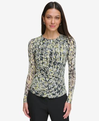 DKNY Petite Ruched Printed Mesh Top - Macy's