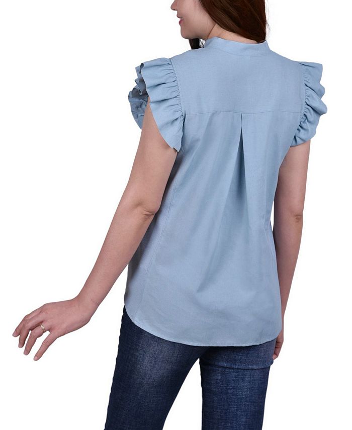 NY Collection Petite Ruffle Flange Chambray Blouse - Macy's
