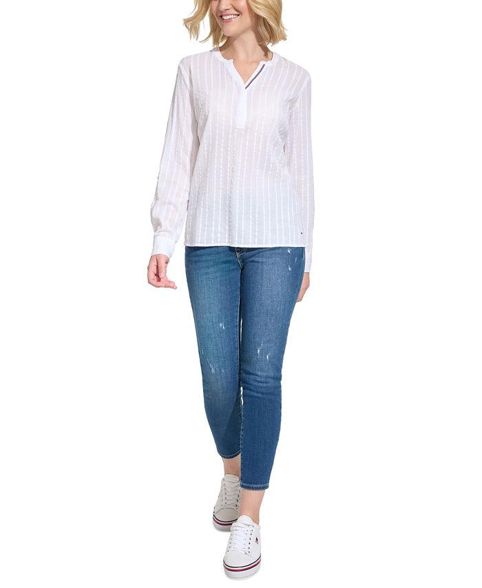 Tommy Hilfiger Women's Striped Split-Neck Popover Tunic - Macy's